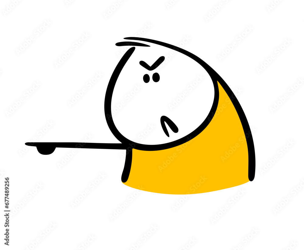 Cartoon strict stickman frowns, points with his finger, asks to get out ...