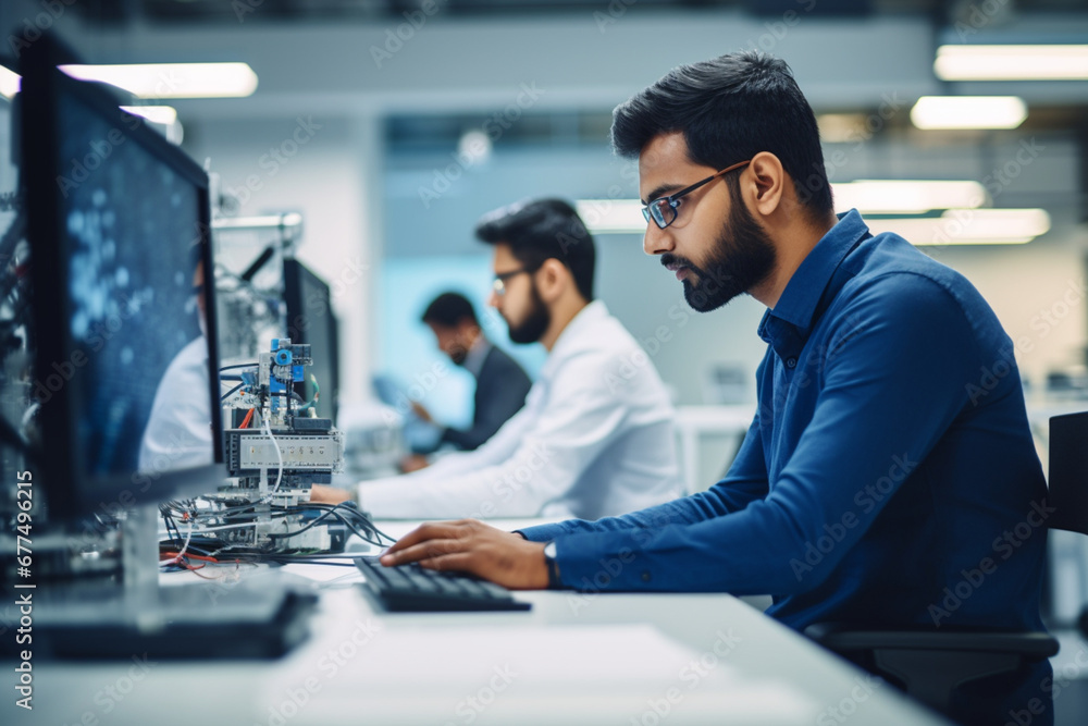 Group of Three Young Indian Software Engineers Use Computer to Discuss ...