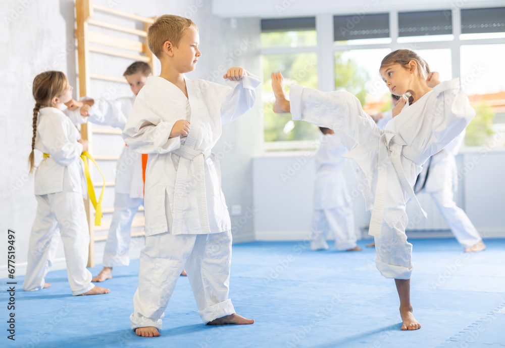 Child boys and girls partners during martial arts karate class train to ...