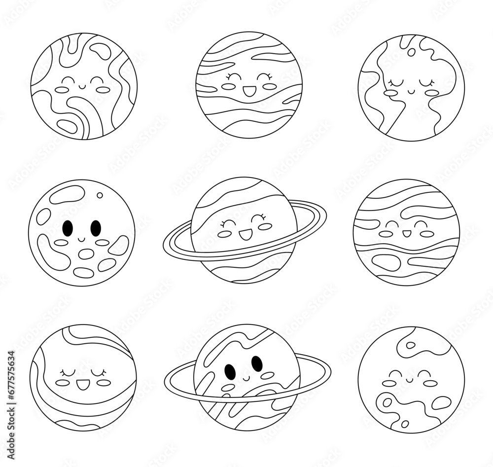 Cute cartoon smiling planets. Coloring Page. Solar system. Kawaii ...