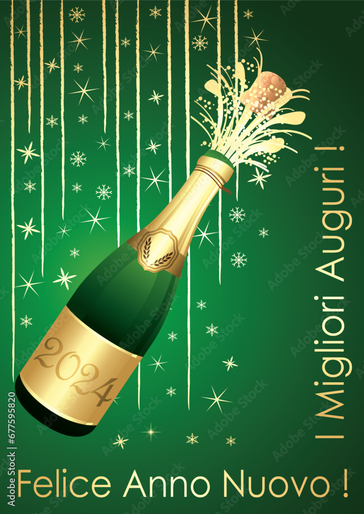 Felice anno nuovo 2024. Formato A4. Biglietto d'auguri verde e oro in ...