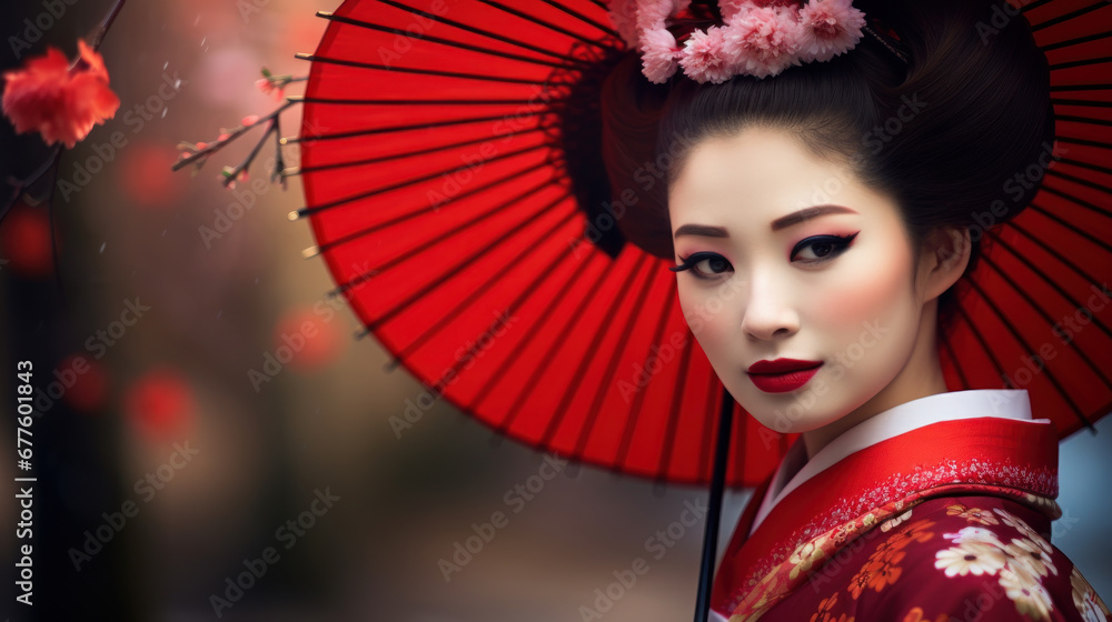 Japanese traditional geisha woman with umbrella. Japan exotic travel ...
