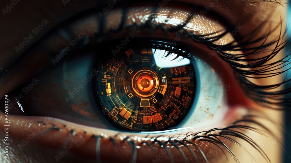 Stock-Foto „a futuristic, high-tech microchip in the human eye, symbolizes the integration of ...