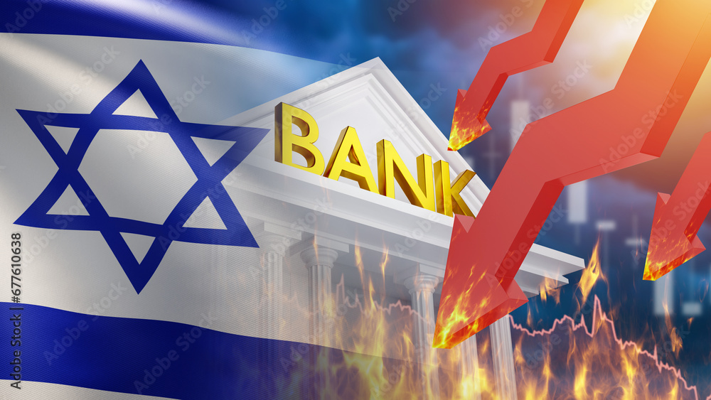 Economic crisis in Israel. Bank building and flag are on fire. Down ...