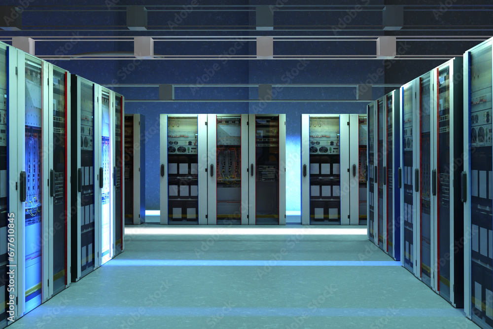 Server room. Boxes with telecommunications equipment. Interior of ...