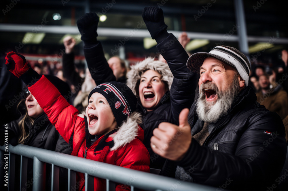 Excited parents and kids celebrating the victory of their team. Sports ...