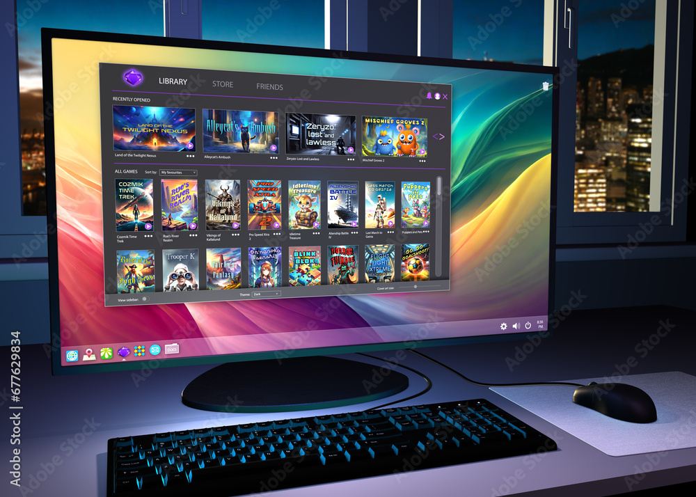 Fictitious video game launcher library app on generic computer, 3D ...