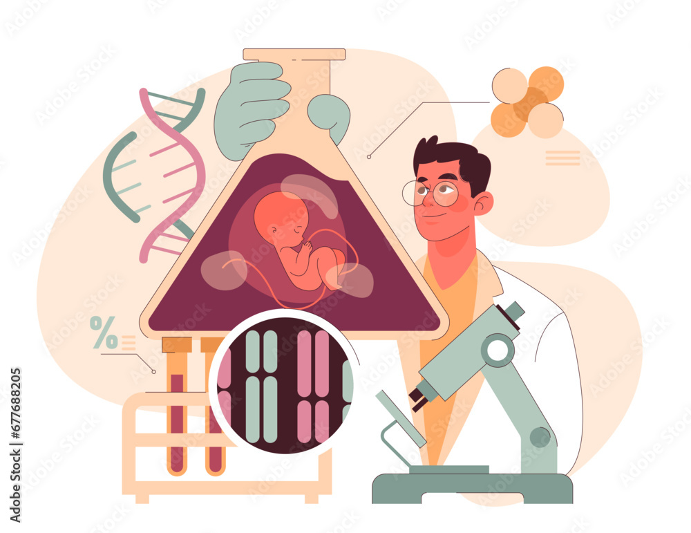 Genetic Screening concept. A scientist observes a fetus within a ...