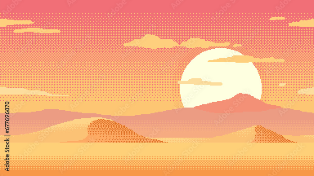 Pixel art desert landscape. 8-bit video game arcade level with sand ...