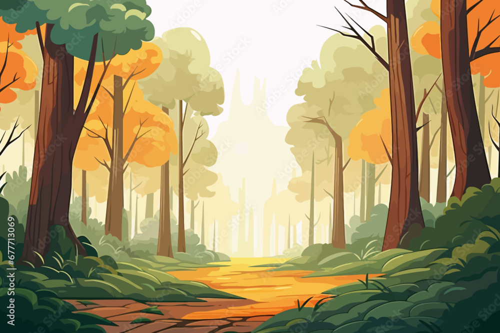 Forest landscape background with green trees and road. Vector ...