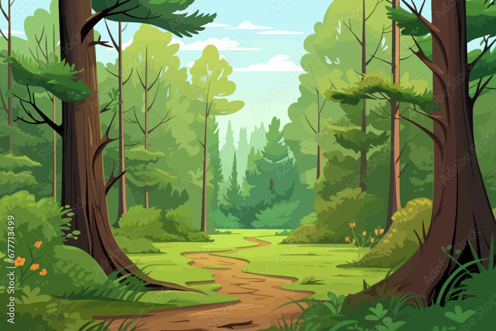 Forest landscape with trees and grass in cartoon style. Vector ...