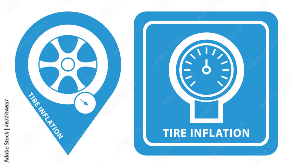 Tire inflation point sign. Blue tire inflation station sign on white ...