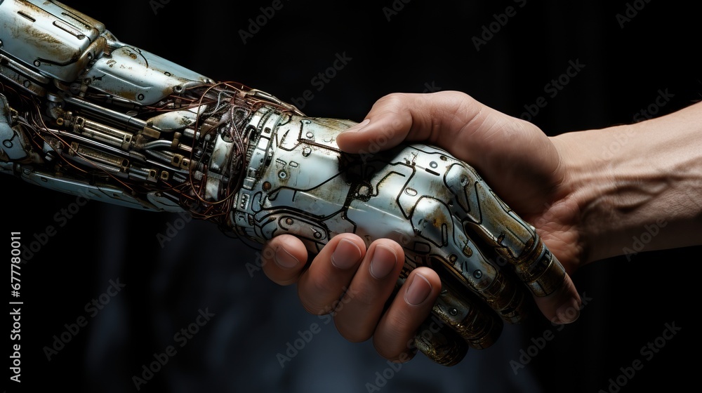 Handshake between human and robot, working together for success ...