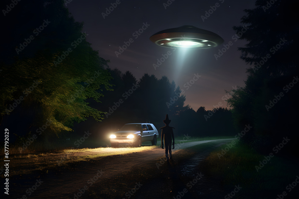 Close encounter with an alien on a country road at night. An UFO ...