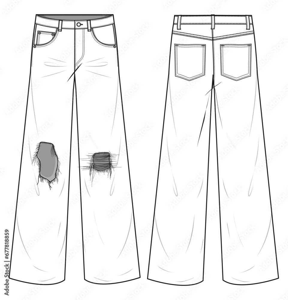Ripped Wide Leg Denim Jeans Front and Back View. Fashion Illustration ...