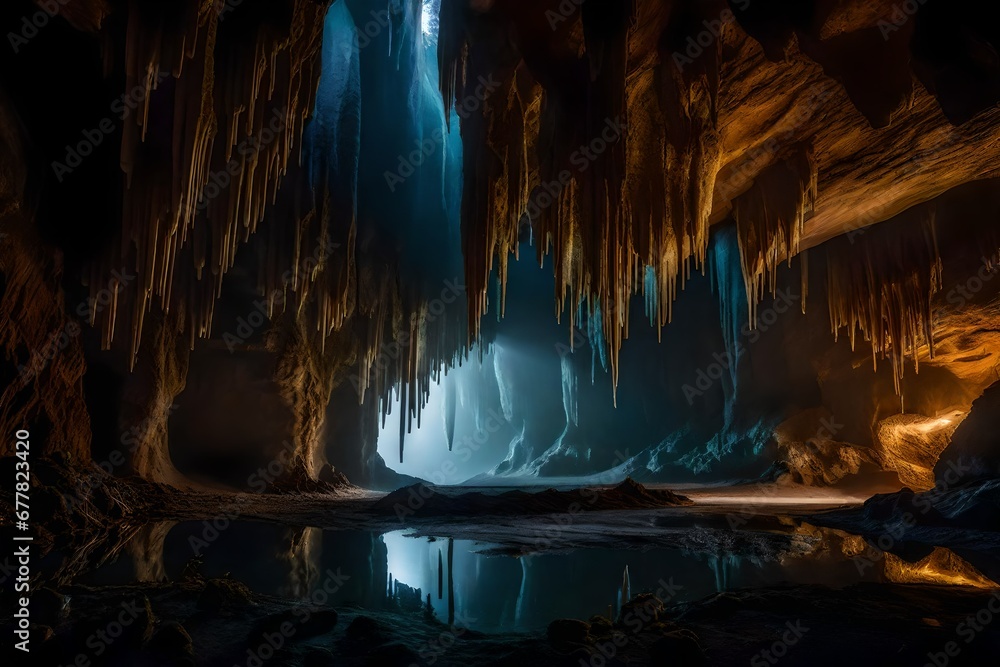 The mysterious beauty of a cave habitat, with stalactites and ...