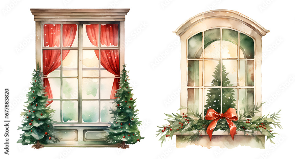 Christmas window watercolor clipart illustration with isolated ...
