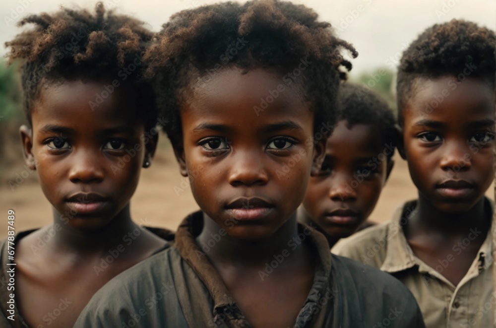 Group portrait of African children in a village pose for a photo ...