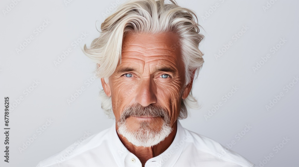 Portrait of a confident 60s 70s mid aged mature man looking at camera ...