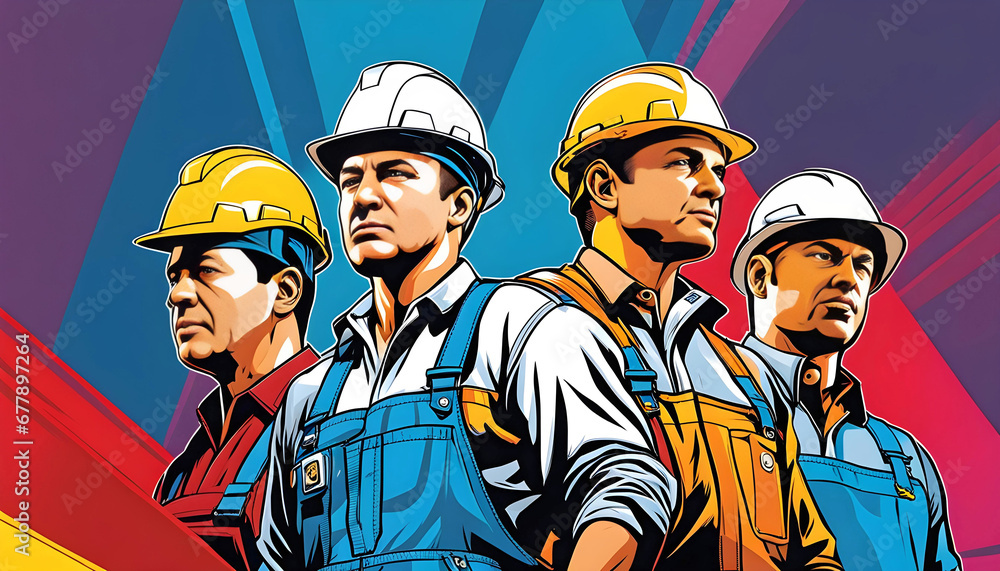 Workers in hard hats and overalls on a neutral background, screen ...