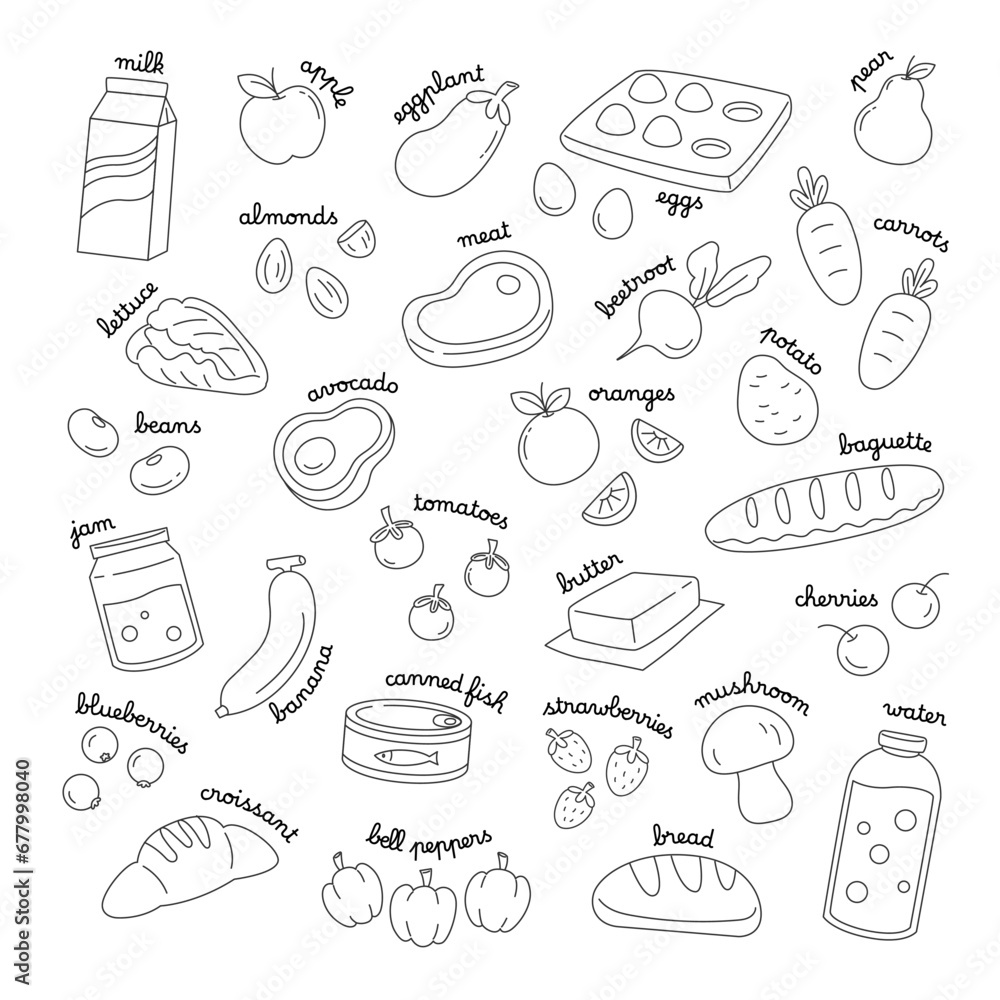 Set of grocery items, fruits, vegetables, food and snack. Vocabulary of ...