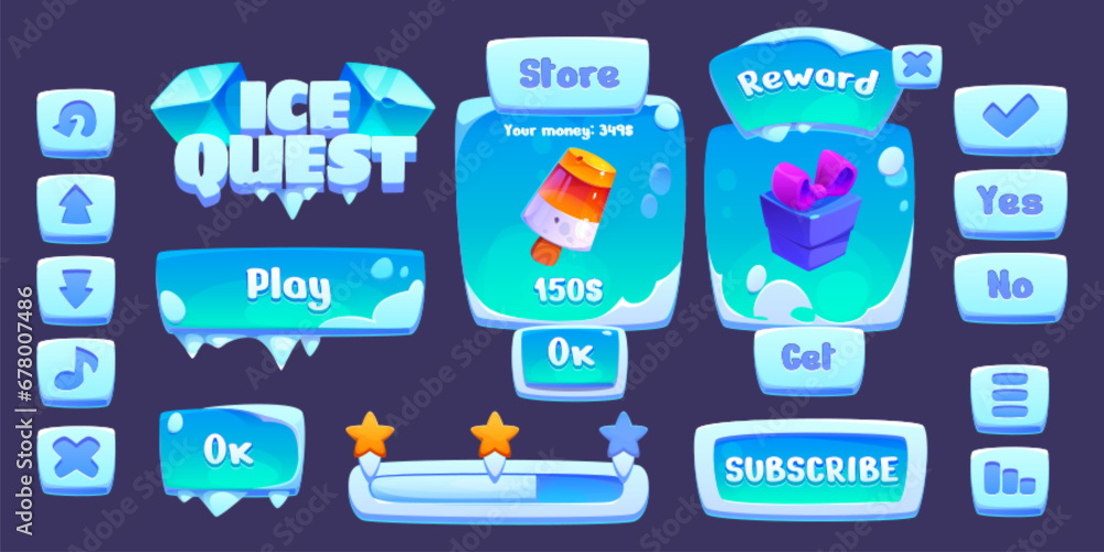 Ice quest game ui buttons set isolated on background. Vector cartoon ...