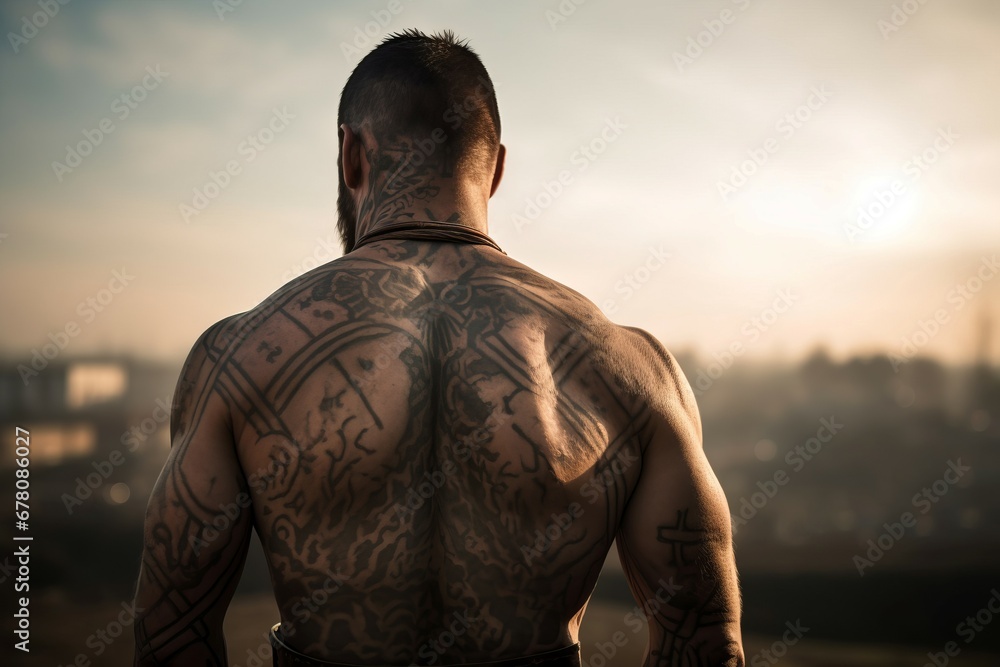 Back view of tattooed gladiator brutal. Muscular male barbarian ...
