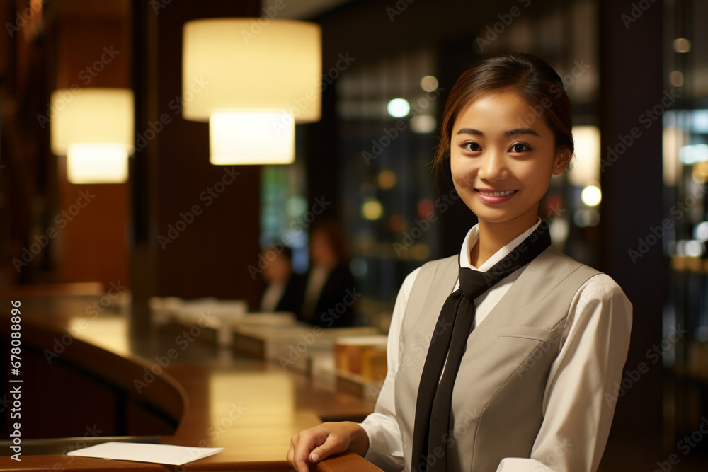 Graceful Reception: A Young Asian Woman, Radiating Warmth and Welcoming ...