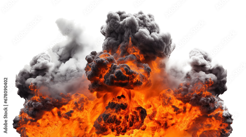 Large fireball with black smoke. fiery explosion with smoke isolated on ...