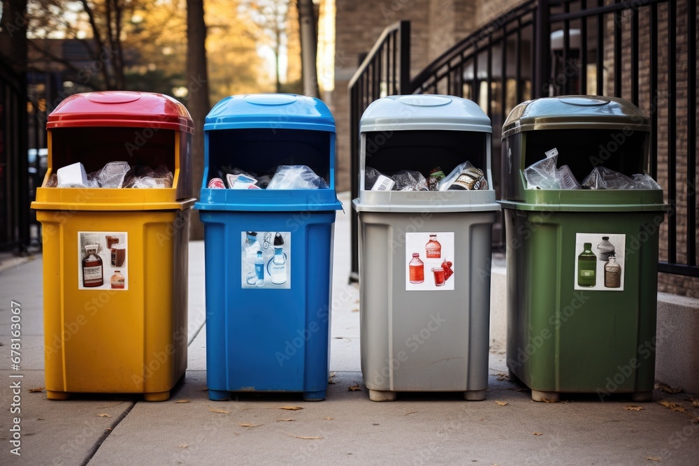 Many garbage cans with sorted garbage. Sorting garbage. Ecology and recycle concept. Trash cans ...