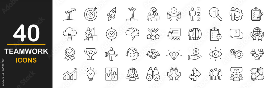 Business teamwork web icons set. Team work - simple thin line icons ...