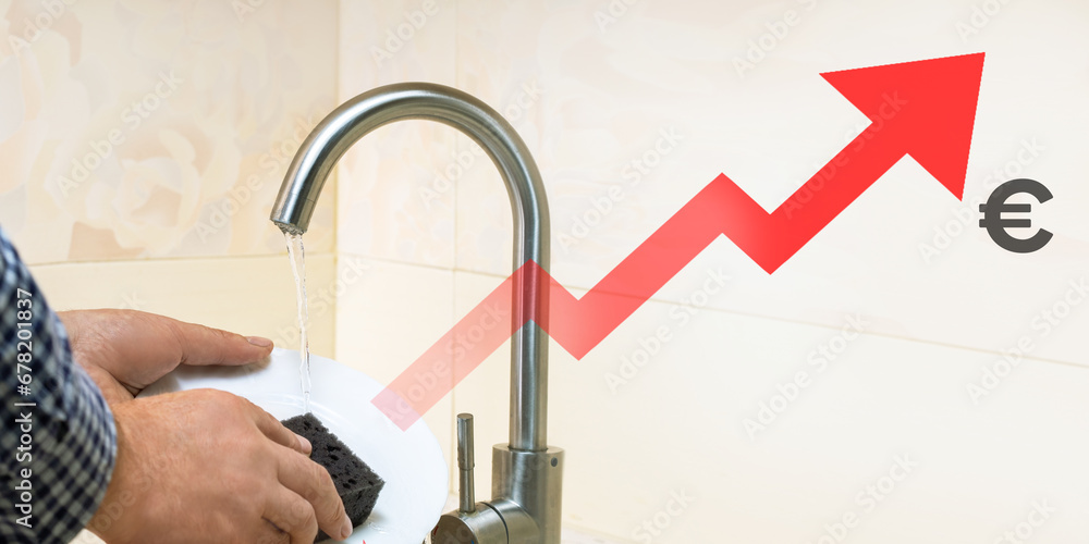Rising water prices. man washing dishes in the kitchen and red growing ...
