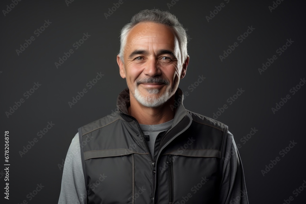 Portrait of a happy man in his 60s dressed in a water-resistant gilet ...