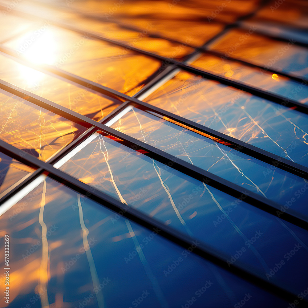 Close-up macro shot of solar panel surface with solar cells at sunrise ...