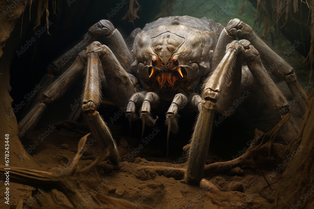 A Goliath Bird-eater Spider sitting in its burrow, its massive size and ...