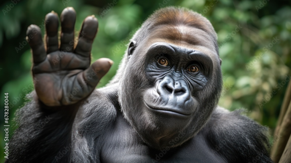 Happy gorilla pleased to welcome you. Stock Photo | Adobe Stock