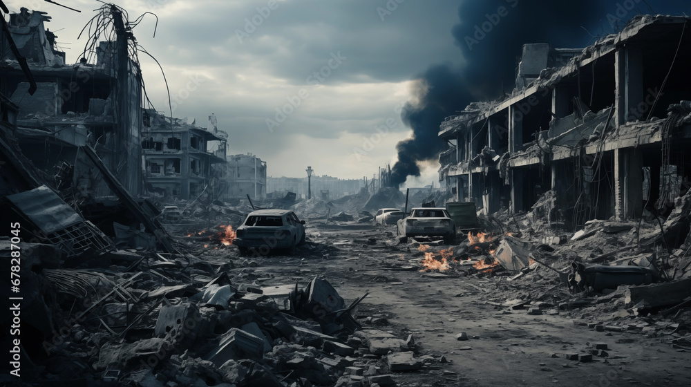 Post-Apocalyptic Urban Ruins. War-Torn City Destruction. Devastated ...