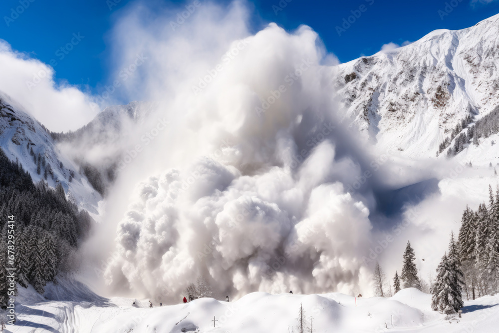 Snow avalanche in the mountains. Concept of representing the risks of ...