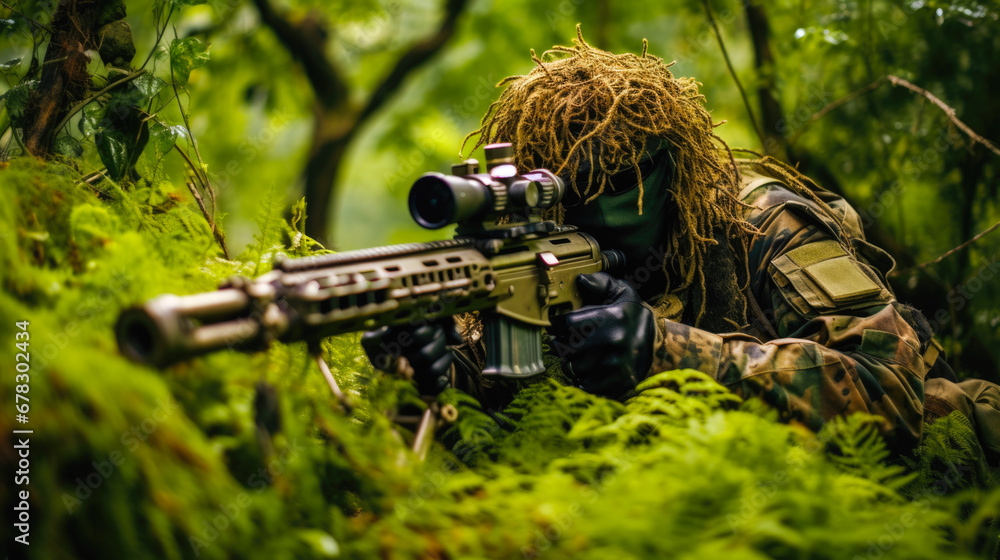 Well hidden sniper lying down on a hill in the jungle, wearing a ...