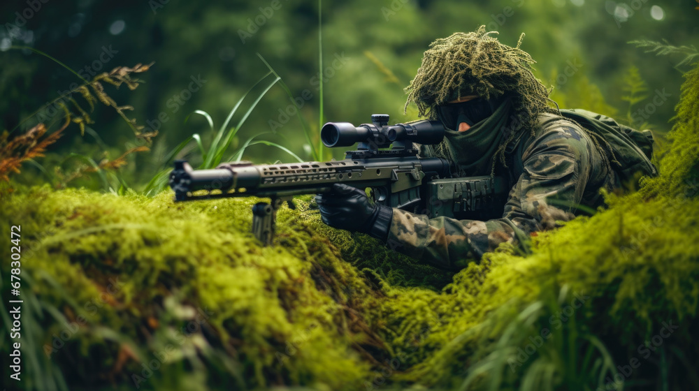 Well hidden sniper lying down on a hill in the jungle, wearing a ...