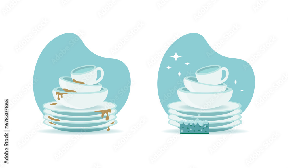 Clean and dirty dishes. Kitchen plates before and after washing ...
