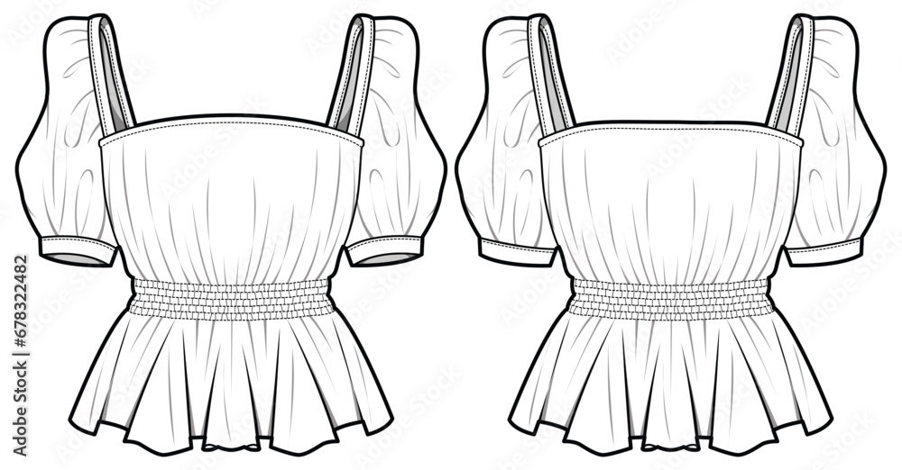 Vetor Women Square neck shirred Flounce blouse top design flat sketch ...