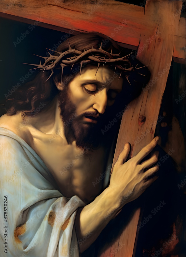 Jesus Christ carrying cross of suffering, symbolizing death, sacrifice ...