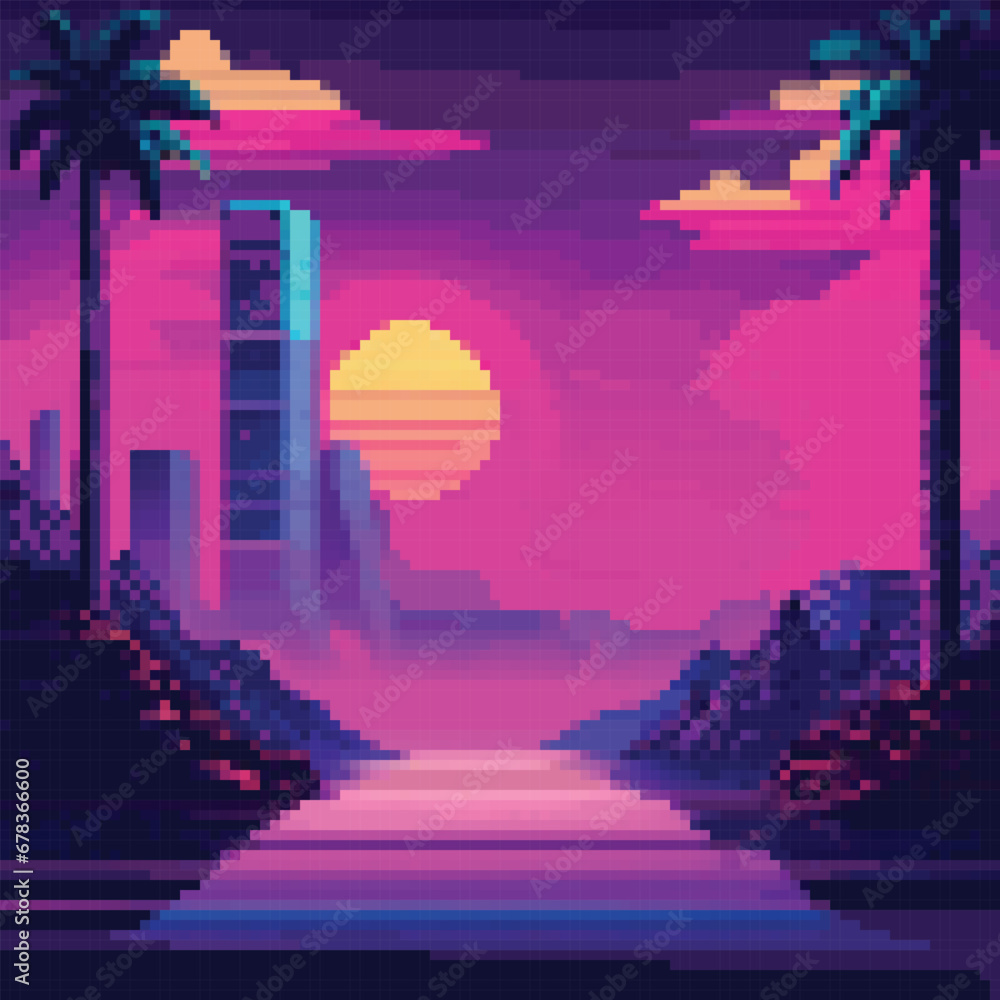 Vector pixel art of 80s Retro sci-Fi background. Synthwave, Vaporwave ...