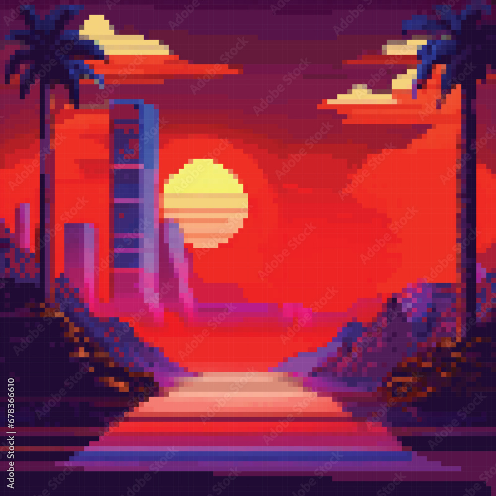 Vector pixel art of 80s Retro sci-Fi background. Synthwave, Vaporwave ...