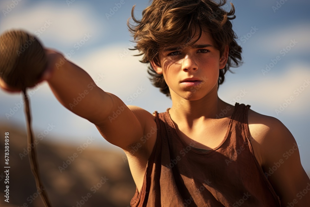 David with a slingshot in his hand, Bible story. Stock Photo | Adobe Stock