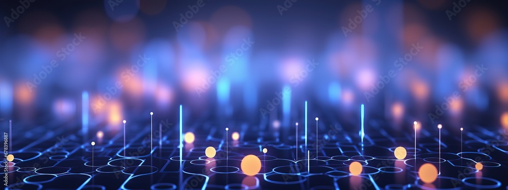 Abstract tech background with illuminated fiber optic connections, quantum computing network ...