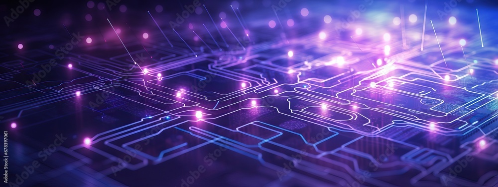 Abstract tech background with illuminated fiber optic connections, quantum computing network ...