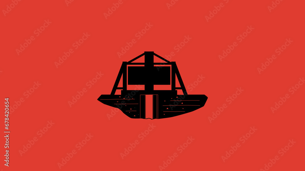 Subsea wellhead silhouette showing control panel and drill string on a ...