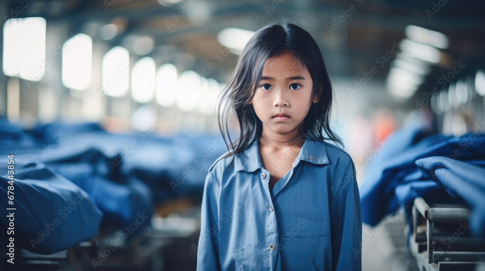 Small Asian girl's portrait with blurred textile factory background ...